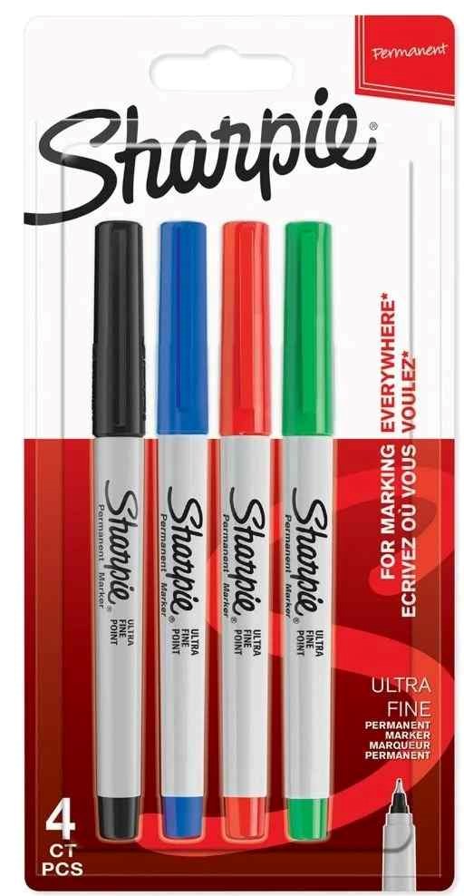 Sharpie Permanent Markers Assorted Colours Ultra Fine Tip Pack of 4
