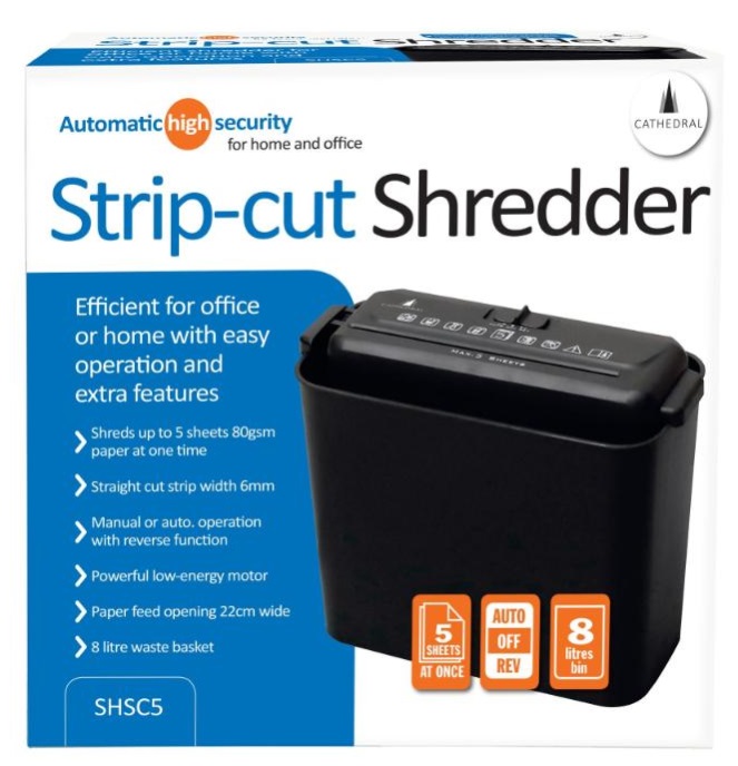 Strip Cut 5 Sheet Shredder with 8 Litre Basket